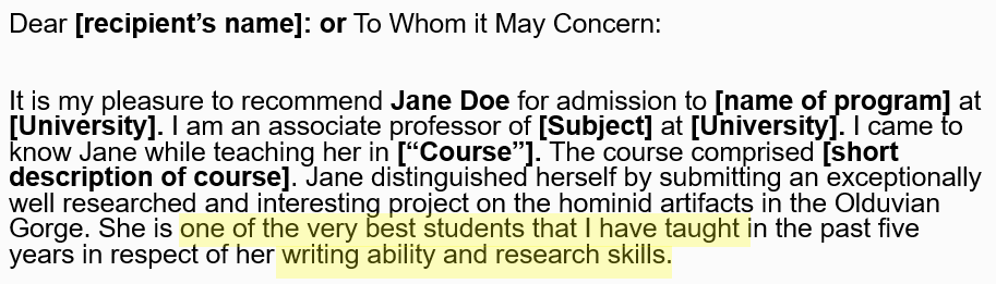 Academic Letter Of Reference Template